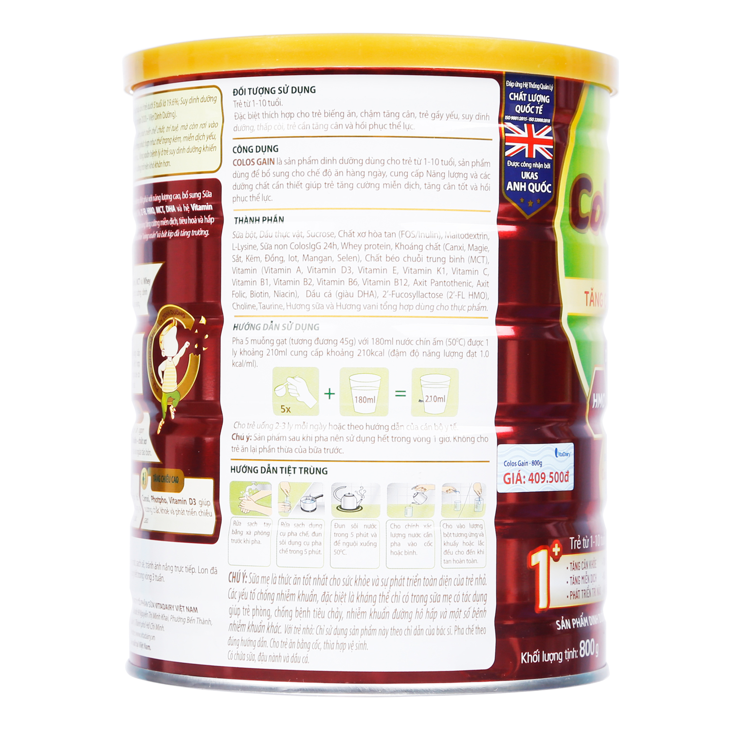 Sữa bột Colos Gain Vitadairy 1+ 800g cho bé từ 1 đến 10 tuổi - Kids Plaza