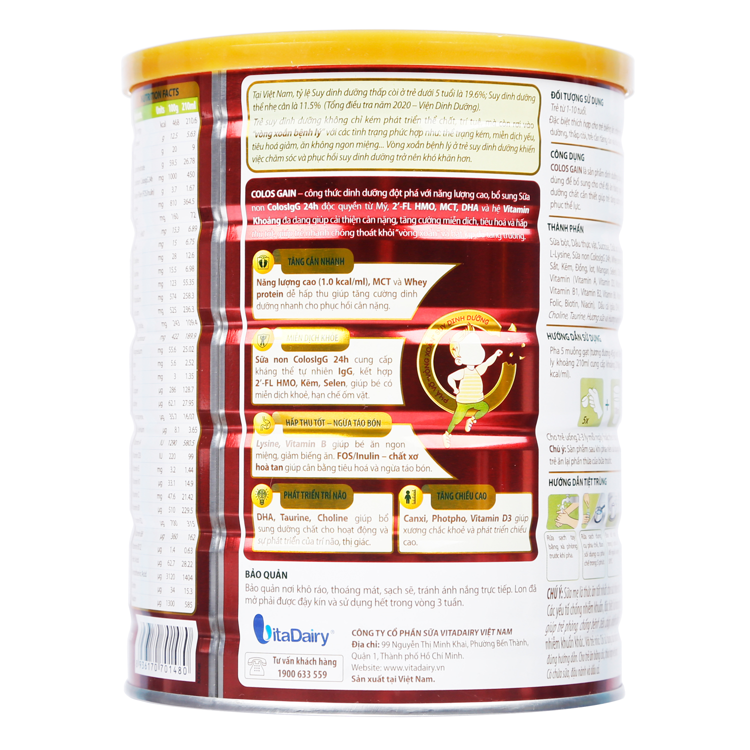 Sữa bột Colos Gain Vitadairy 1+ 800g cho bé từ 1 đến 10 tuổi - Kids Plaza